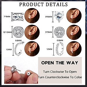 ZELORES 6 Pairs CZ Stud Earrings For Women Men Round Square Heart Screw Back Stud Earrings Small CZ Hoop Earrings Cubic Zirconia Halo Stud Earrings Set