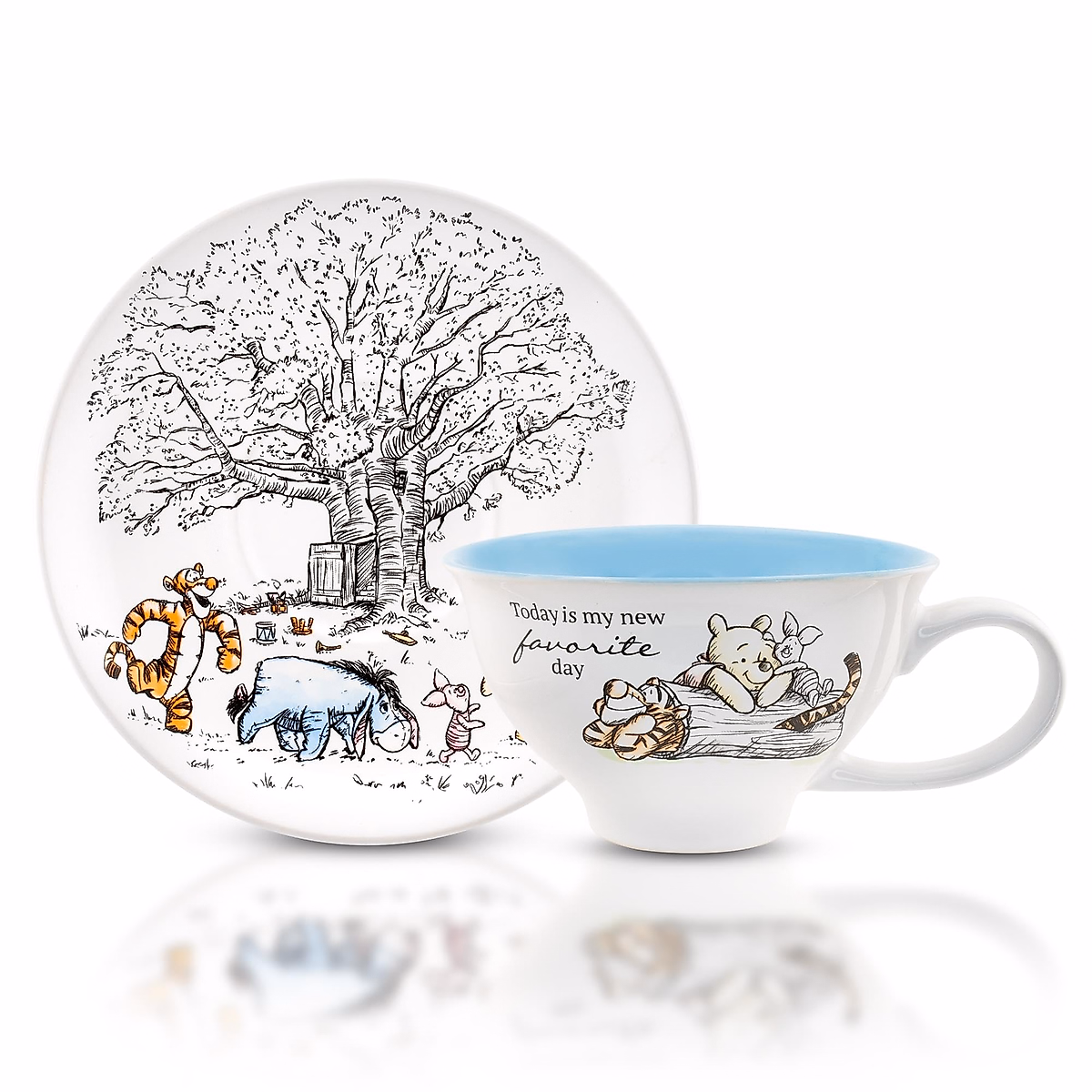 Silver Buffalo Disney Winnie the Pooh Walking Classic Scene Ceramic Teacup and Saucer, 12 Ounces