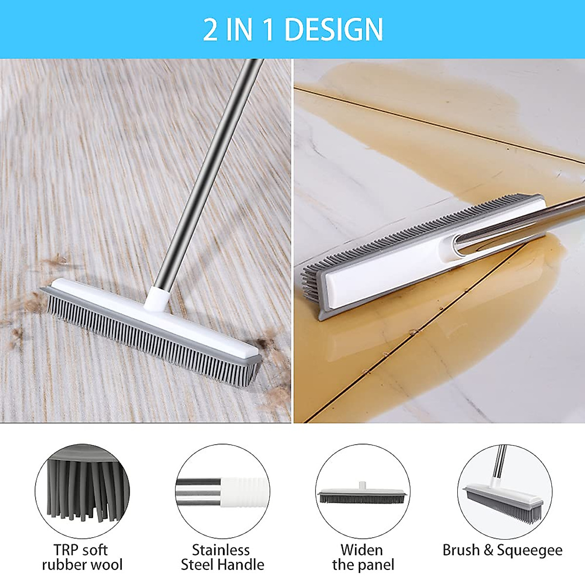 YFJQTZX Push Broom Pet Hair Removal Broom with Squeegee, Soft Silicone Bristle Broom with 47" Adjustable Long Handle, Non Scratch Carpet Sweeper Brush for Cat/Dog Hair Hardwood Tile Windows