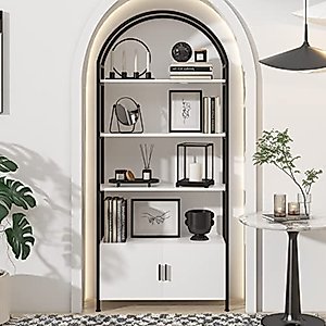 Jehiatek Arched Bookshelf, Bookcase with Doors Storage, 71 Inches Tall Industrial Book Shelf with Sturdy Metal Frame, E1 Quality Boards, Freestanding Display Shelving Unit, Black and White