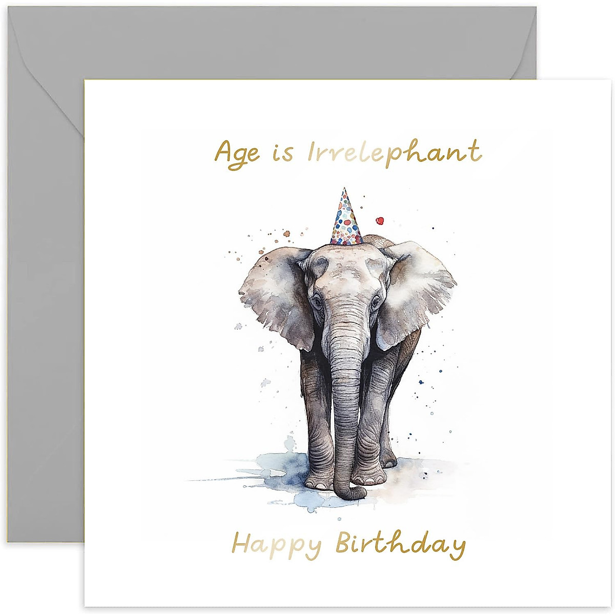 Old English Co. Age Is irrelephant Birthday Card for Her - Funny Elephant Party Hat Birthday Card for Mum, Dad, Nan - Gold Foil Birthday Card for Women and Men | Blank Inside with Envelope