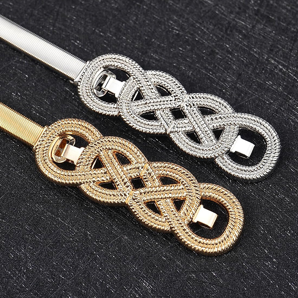 Suyi Skinny Stretch Belt for Women Elastic 2 Pieces Waist Belt Thin Cinch Belts for Dress Gold Silver Set7