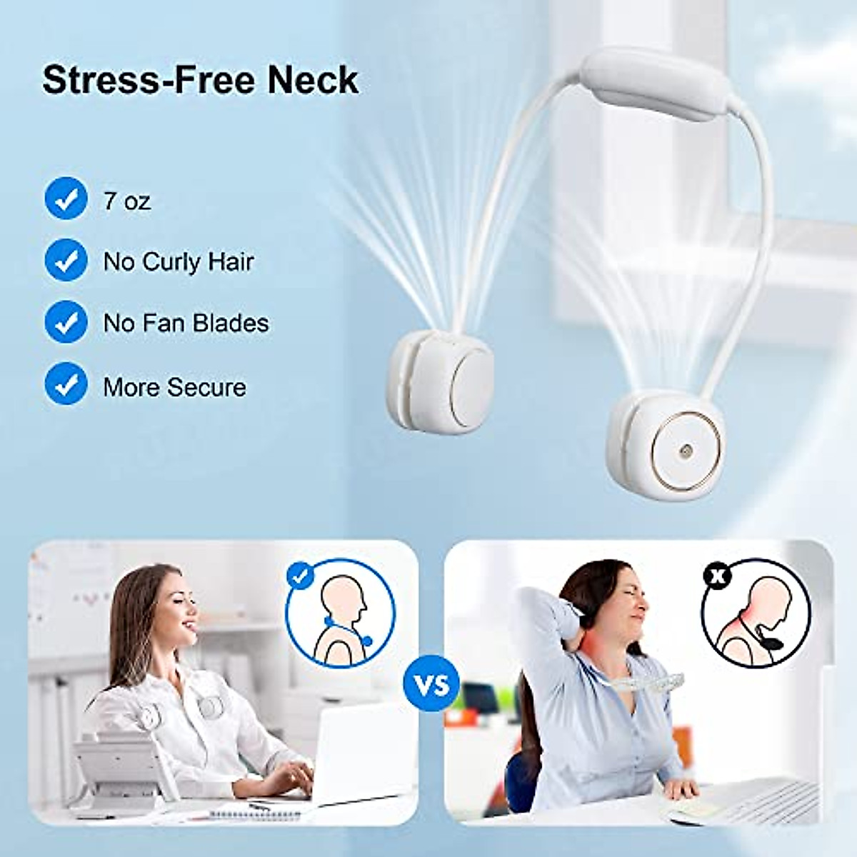 RUAMMER Portable Neck Fan, Hands-Free Bladeless Neck Fan, 360° Adjustable Personal Neck Fan, Ultra-Light Hanging Neck Fan, Rechargeable, USB Powered Around the Neck Fan, Headphone Design, 3 Speeds