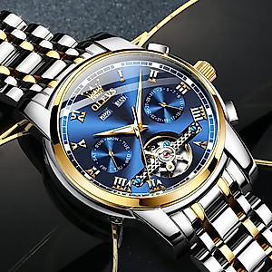 OLEVS Mens Watches Automatic Watches for Men Self Winding Watch Silver Gold Stainless Steel Watch Blue Dial Watch Skeleton Tourbillon Men's Wrist Watches Luxury Big Face Watch for Men