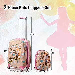 BABY JOY 2 PC Kids Carry On Luggage Set, 12” Backpack & 18” Toddler Suitcase, Hard Shell Travelling Case & Backpack w/ 4 Rotating Casters, Cute Rolling Trolley Case for Boys & Girls (Mermaid)