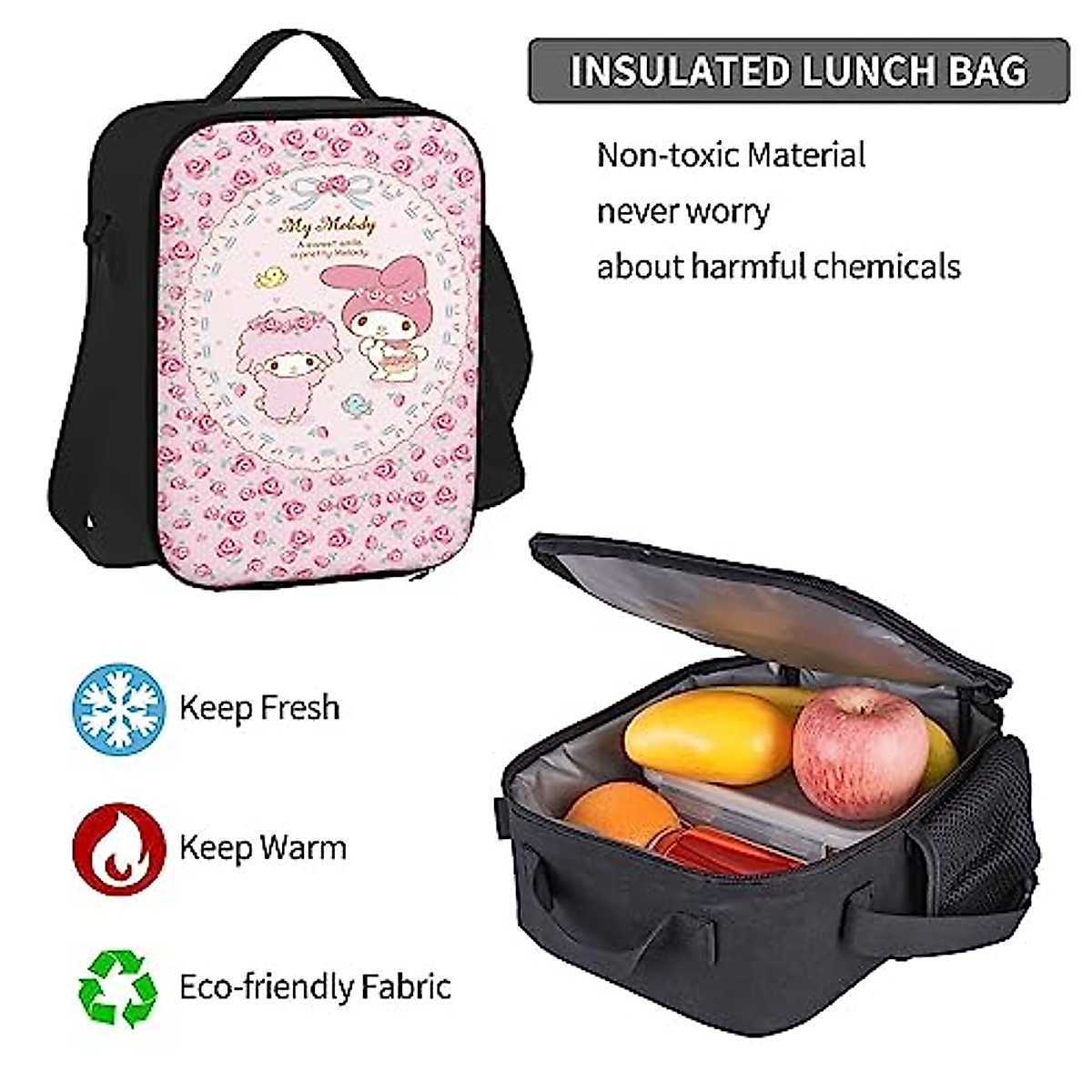 ORPJXIO Backpack 3 Piece Set Kuromi Anime My Melody Laptop Backpack Pencil Case Lunch Bag Combination For Travel Work Camping