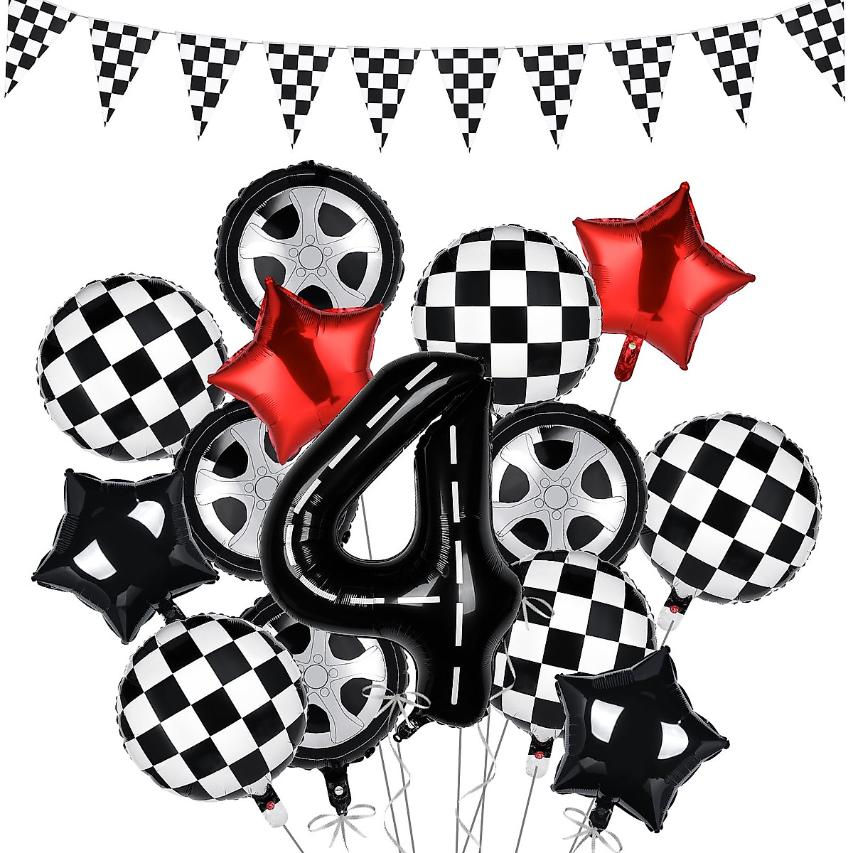Jspupifip 15 Pcs Number 4 Race Car Birthday Balloons 40 Inch Race Car Checkered Foil Wheel Tire Balloons Racetrack Balloon Checkered Flags 8.2 Ft Banners for Race Car Boy 4st Birthday Party Supplies