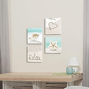 Coastal Seashell Picture Wall Art - Beach Themed Canvas Print Relaxing Seascape Artwork Contemporary Calming Seaside Starfish Conch Nature Photography Summer Blue Sea Ocean Scenery Painting for Bathroom Bedroom Office