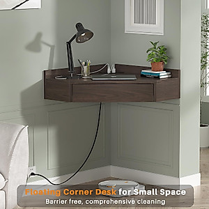 armocity Floating Corner Desk with Outlets & USB Ports, Wall-Mounted Corner Table for Small Space, Triangle Computer Desk with Drawer for Home Office, Vanity Desk, Corner Space, Bedroom, Espresso