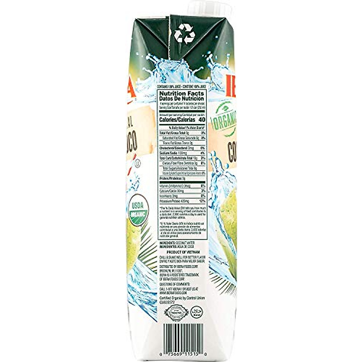 Iberia 100% Pure Organic Coconut Water, 1 Liter , 33.8 Fl Oz (Pack of 3)