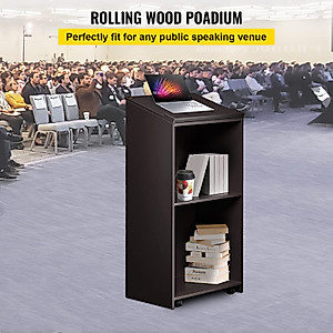 VEVOR Wood Podium, 23.6" x 47.2", Lecterns and Podiums w/ 4 Rolling Wheels, Slant Surface, Baffle Plate & Shelf, Easy Assembly Ebony Lecterns for Church, Office, School, Home (Black)