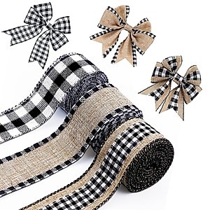 3 Rolls Buffalo Plaid Ribbons in All 18 Yards 2.5 inch Width Burlap Ribbon Christmas Checked Burlap Ribbon ，Black and White Checkered Ribbon ，for Crafts DIY Garland，Bows Crafts Decoration