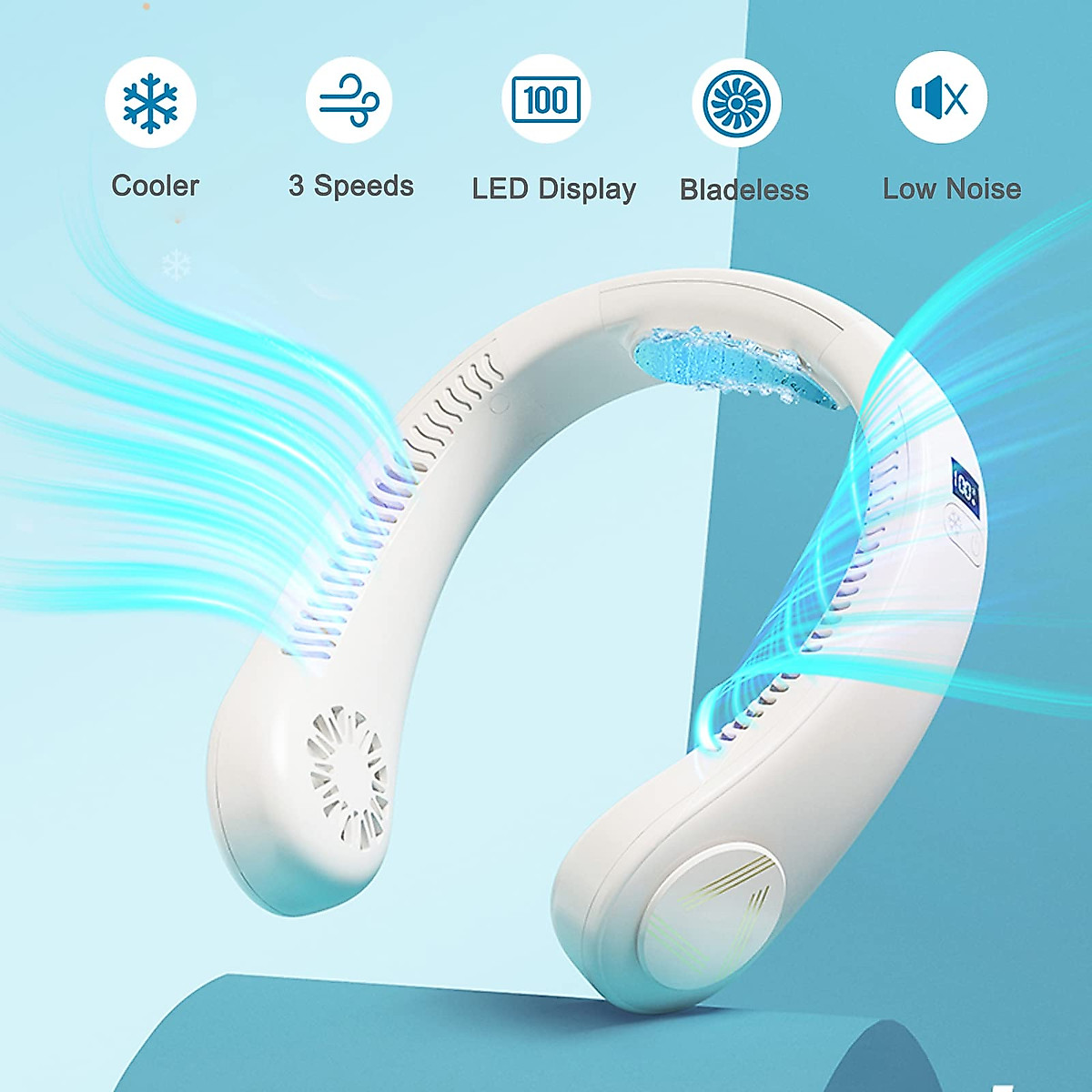 Portable Neck Fan, Upgraded Personal Wearable Air Conditioner Bladeless Fan, Hands Free Semiconductor Chip Cooling Fan,Headphone Design with 4000mAh Battery 3 Speed Mode LED Display for Home/ Office/ Travel