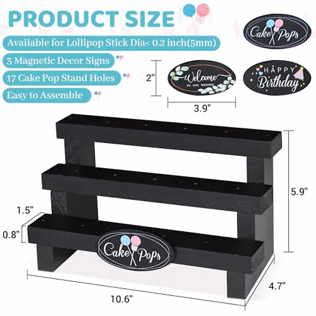 Y&ME YM Cake Pop Stand, 3-Tier Cake Pop Holder with Decor Sign, Lollipop Stand for Dessert Display, 17 Holes Cakepops Stick Stand, Wood Cake Stand for Wedding/Birthday/Baby Shower/Party (Black)