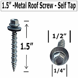 Metal Roofing Screws - #10 x 1.5” – Self Tapping ¼” Hex Head with EPDM Rubber Washer – for Metal to Wood, Corrugated Roofing, Siding, Sheds, Pancake Screw - Hex Drive Easy Install - Galvanized (100)