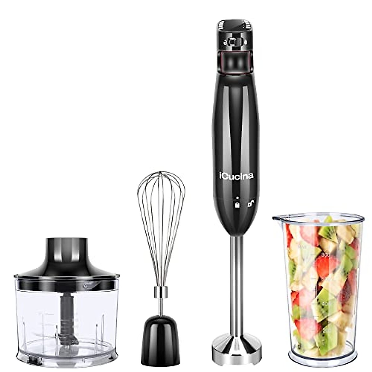 iCucina 4-in-1 Variable Speed Immersion Hand Blender, Powerful 400W DC Motor, One Button Operation Smart Stick Blender with Whisk, Beaker, Chopper attachments, Black