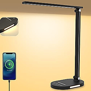 AQINGLING LED Desk Lamp with ​USB Charging Port Nightlight, Eye-Caring Desk Lights for Home Office, 5 Modes Dimmable, Auto Timer, Black