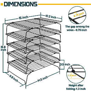 5-Tier Nonstick Cooling Racks, P&P CHEF Stackable Baking Rack Set for Cooking Roasting, Oven Safe & Easy Clean, Stainless Steel Core & Durable, 15” x 10”, Rectangle, Black