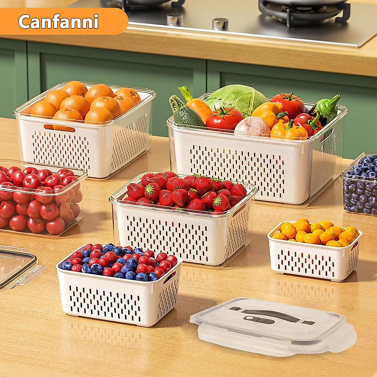 HOMEEE 4 Pack Large Airtight Fridge Food Organizer Containers, Fruit and Vegetable Storage Containers with lids, Portable Outdoor Picnics Food Storage with Removable Colanders(4.15L+3.15L+1.7L+0.8L)