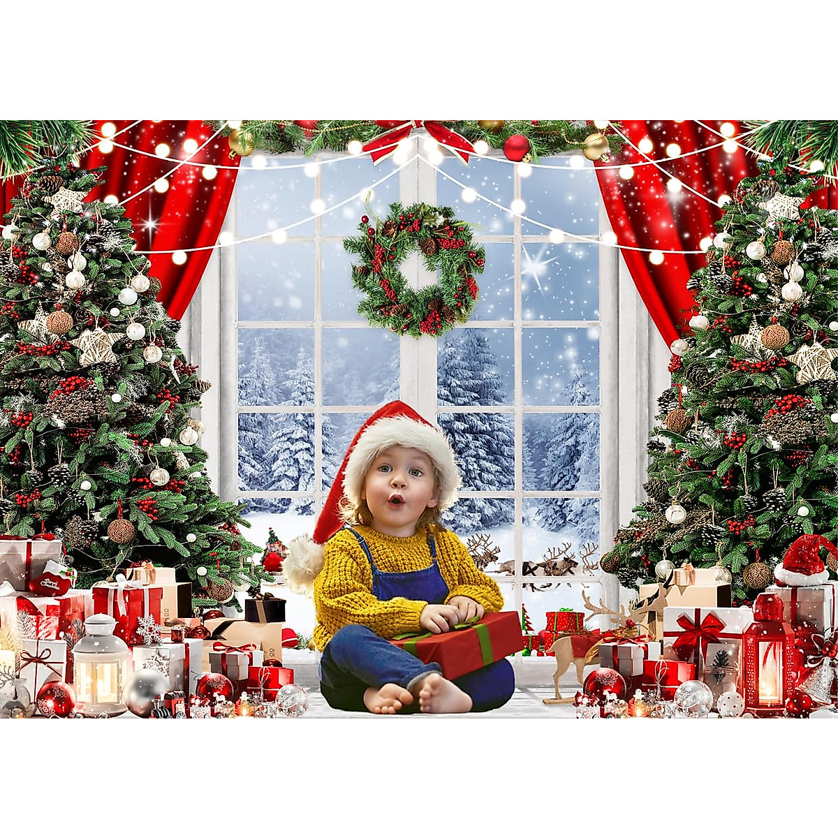 LYCGS 7X5ft Christmas Backdrop Winter Snow Scene Backdrop for Photography Christmas Window Background Xmas Tree & Party Decoration Banner X-171