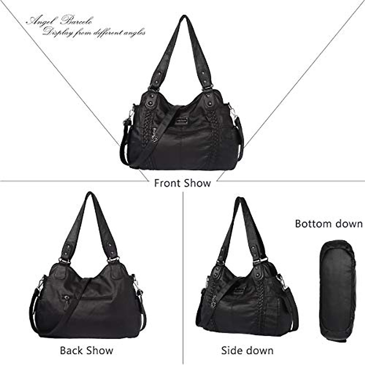 Angel Barcelo Roomy Fashion Hobo Womens Handbags Ladies Purse Satchel Shoulder Bags Tote Washed Leather Bag Black