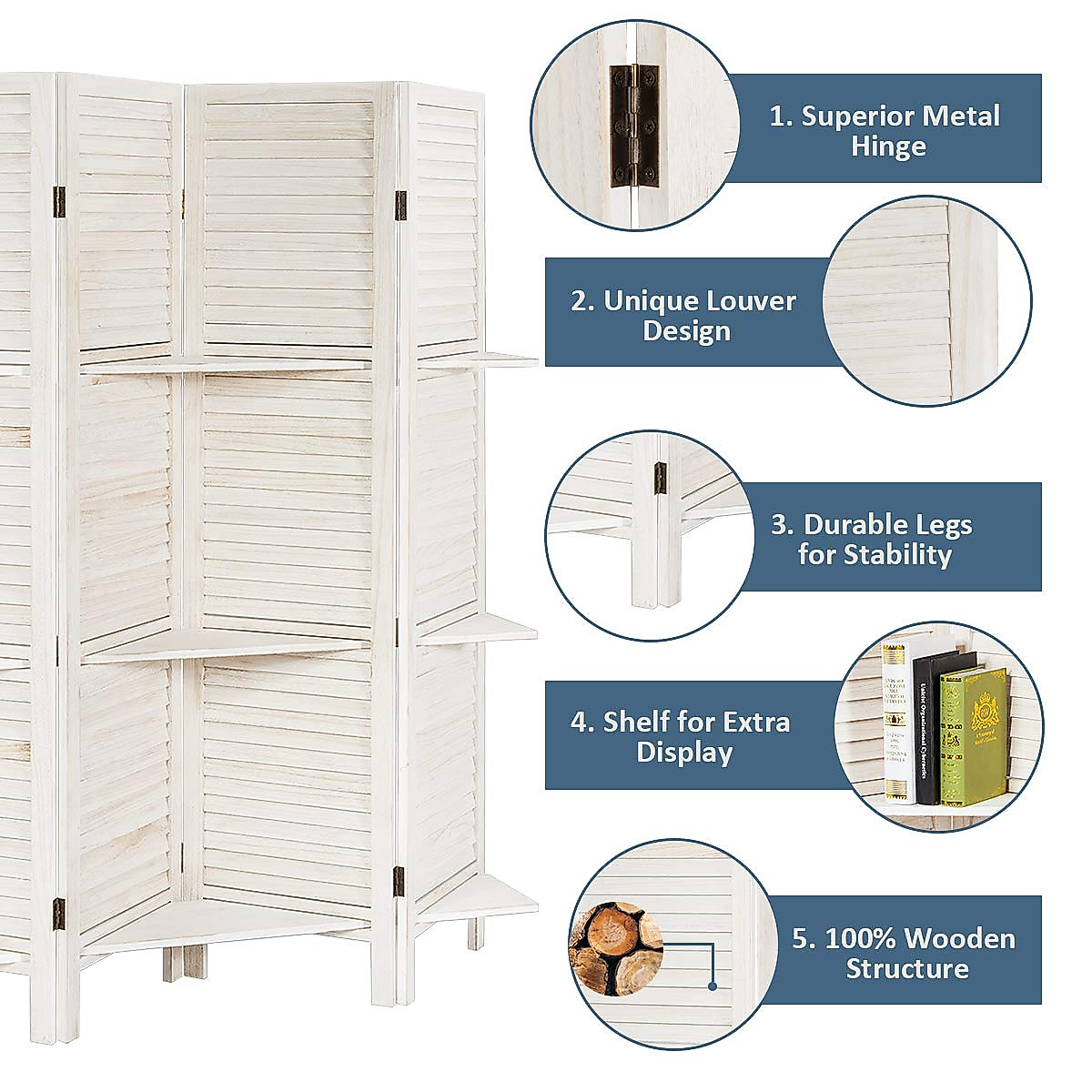 Giantex Room Divider with Shelves, 4 Panel Room Dividers and Folding Privacy Screens, Room Separators Divider Wall, Divider for Room Partition Separation, 5.6Ft Foldable Room Divider Screen, White
