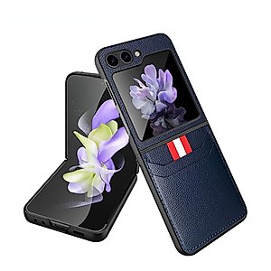 Elegant Faux Leather Galaxy Z Flip 5 Case with Free Built-in Card Holder & Screen Film, Compatible with Samsung Z Flip 5, Stylish, Premium Leather Cover Shockproof for Men & Women (Blue)