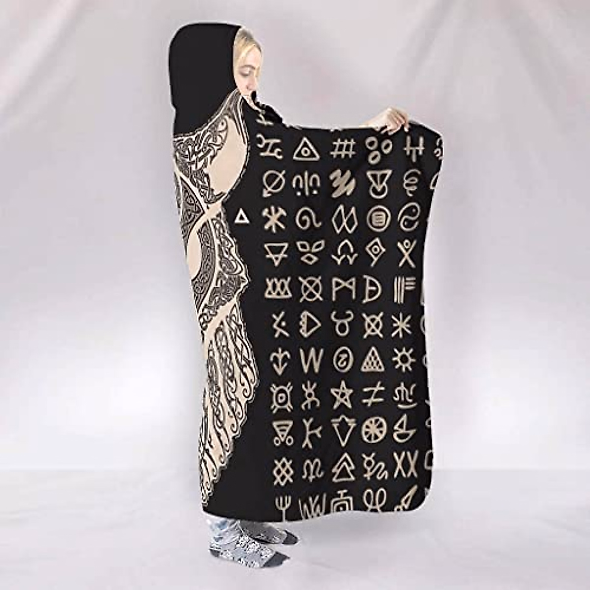 Festhad Norse Viking Fenrir Wolf Valknut Dragon Knot Totem Print Hooded Blankets Cozy Cuddly Warm Winter Fleece Hood Poncho Cloak Cape for Women Men Child Snuggling Sofa Bedding White 60x80 inch