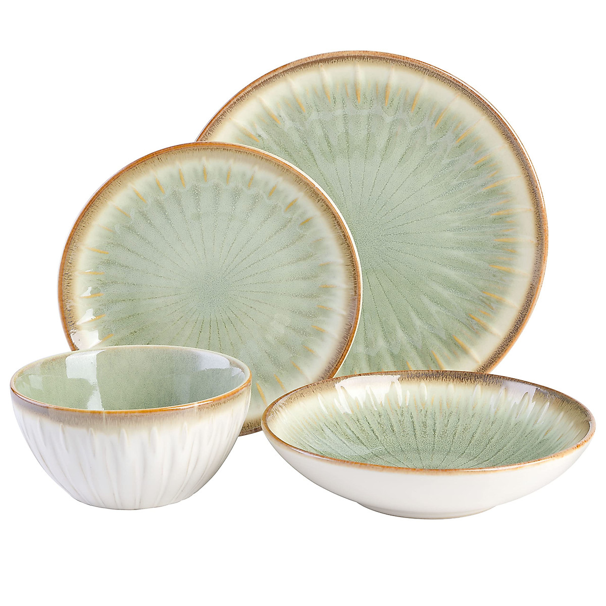 Gibson Elite Mayfair Bay Embossed Double Bowl Dinnerware Set, Service for 4 (16pcs), Green