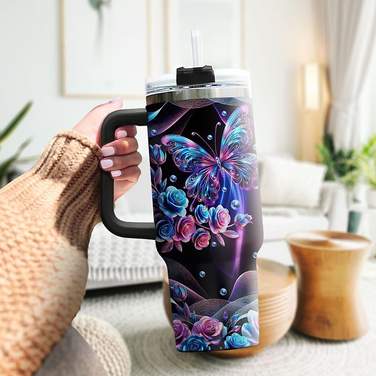 99OWL Butterfly Jewelry Angels, Tumbler 40 Oz With Handle Lid And Straw, Butterfly Gifts, Coffee Purple Navy Blue Royal Flower Light Floral Tumblers For Black Straws Glitter Women