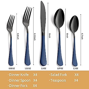 LKTDYMEG 20-Piece Black and Dark Blue Silverware Set 18/0 Stainless Steel Silverware Set Dark Blue Handle Cutlery Set Service for 4 Dinner Knives Forks Spoons Set Flatware Set Finish Dishwasher Safe