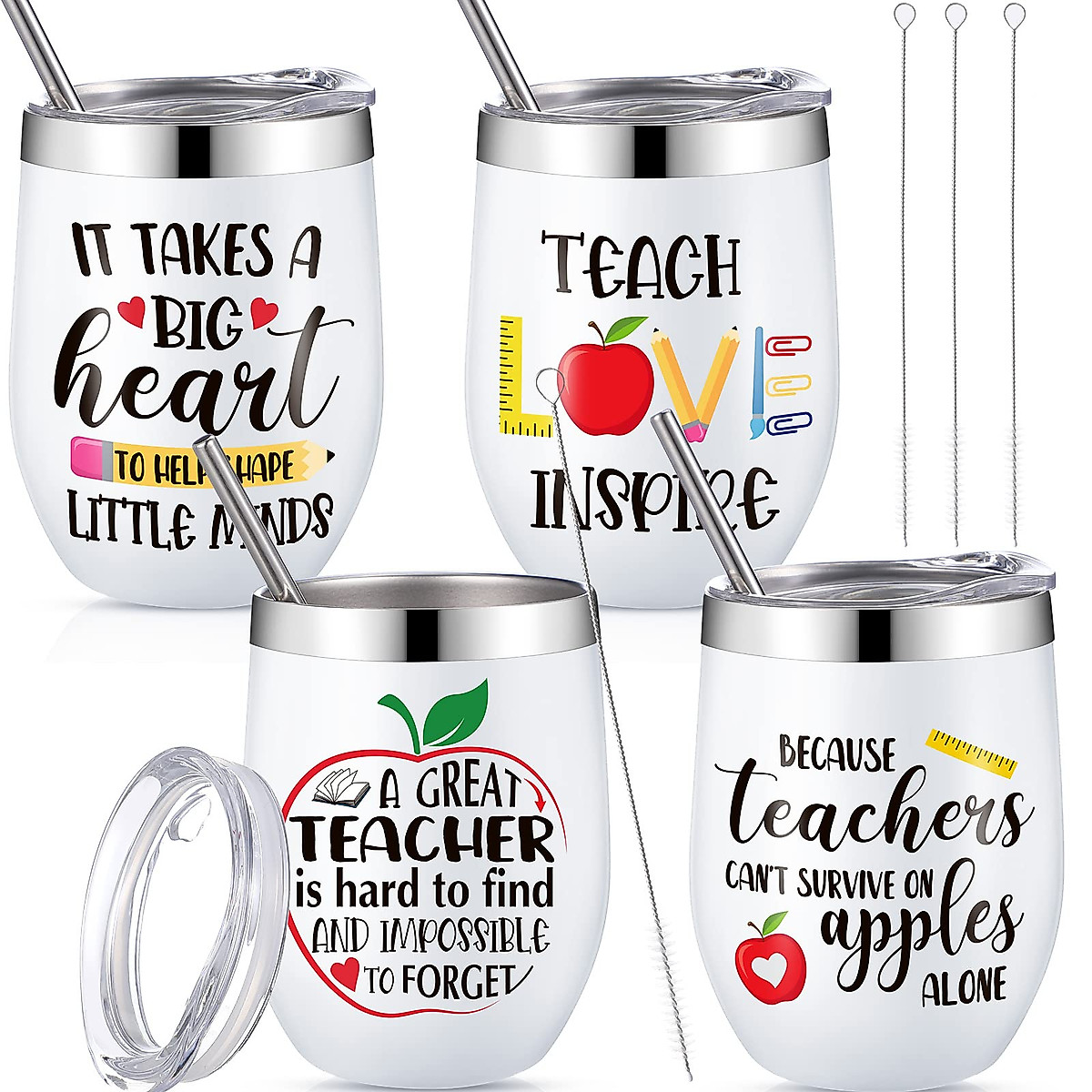 Censen 4 Pcs Teacher Appreciation Gifts Teacher Wine Tumbler with Lid and Straw Brush 12 oz Insulated Stainless Steel Teacher Tumbler Teacher Cup Women Teachers Gifts Wine Mug for Graduation Birthday
