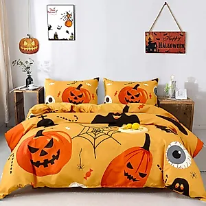 Luxudecor Halloween Duvet Cover Set King Size Pumpkin Orange Bedding Set with Pumpkin Ghost Duvet Cover Set,Halloween Festival Themed Bedding Set for All Seasons (3pcs, 104"x90")
