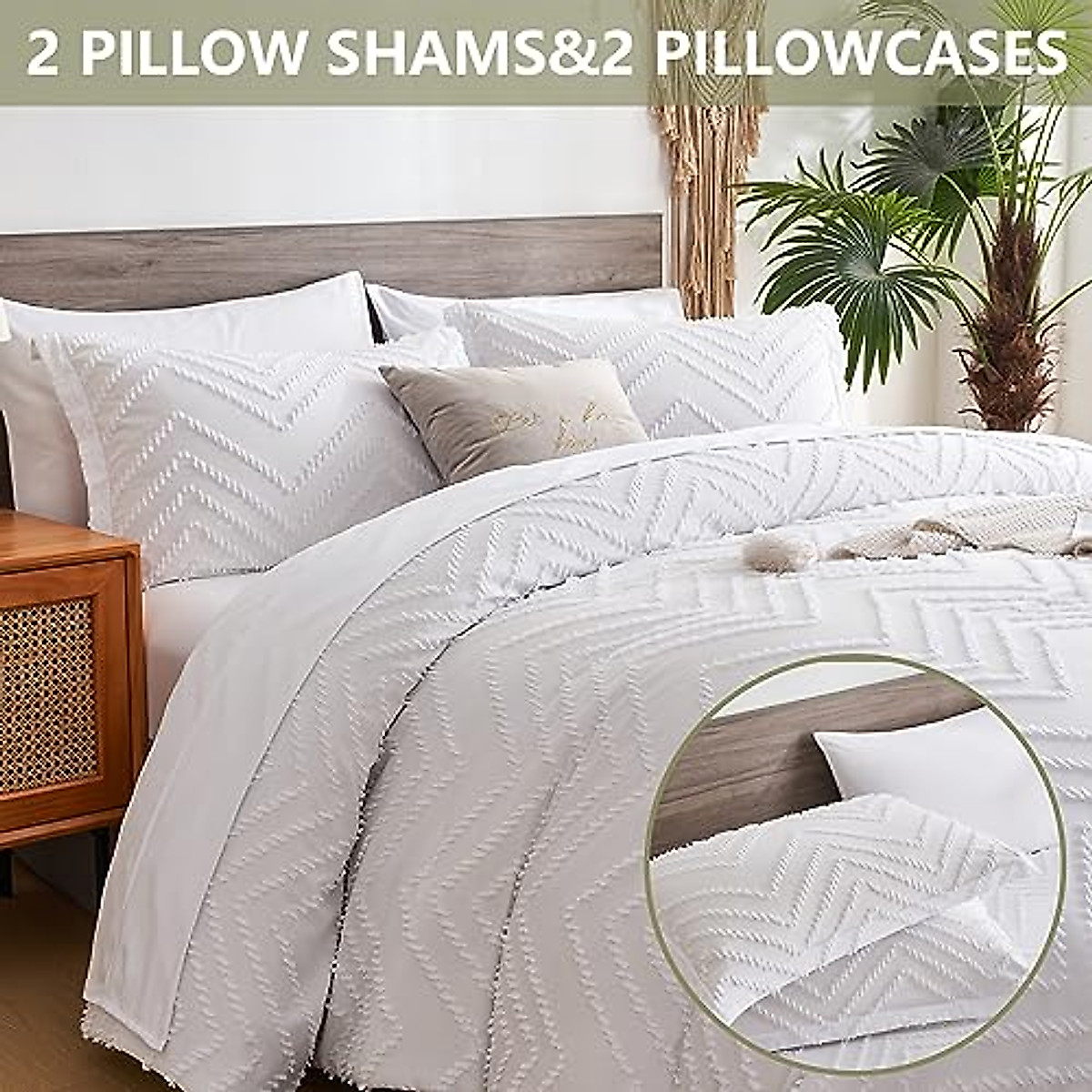 FLYMME White Twin Comforter Set with Sheets,Tufted Bed in a Bag 7 Pieces, Chevron Boho Shabby Chic Farmhouse Bedding Set,Soft Microfiber Comforter for All Season（White,68”*86”）