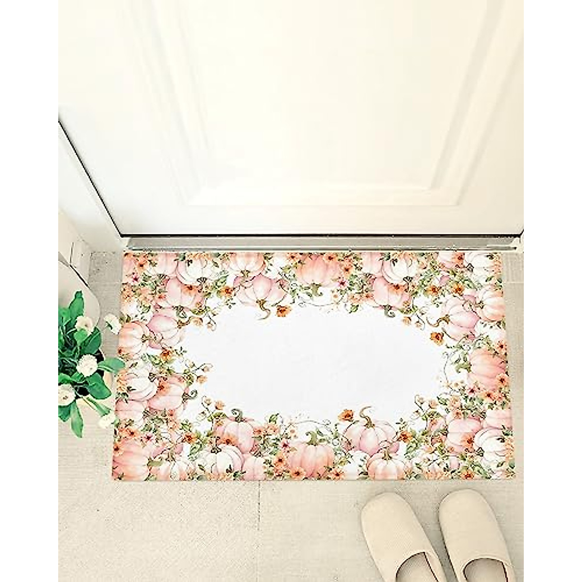 Floor Door Mats Shaggy Carpet Thanksgiving Fall Pumpkin Seamless White,Non Slip Soft Bath Rug Autumn Farm Plant,Fuzzy Area Cushion for Kitchen/Bedroom/Bathroom/Living Room Decor 24x35In