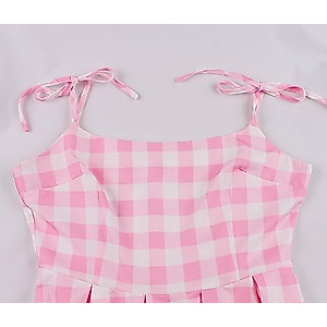 Nihsatin Barbie Pink Swing Dress Tie Shoulder Plaid Printed Knot Waist Dress