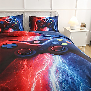 Meeting Story Gamer Gaming Bedding Sets Tie Dye Lightnings Gamepad Comforter Set for Boys Games Console Action Buttons Novelty Colorful Modern Room Decor Home Quilt Set (Twin, Red-Blue)