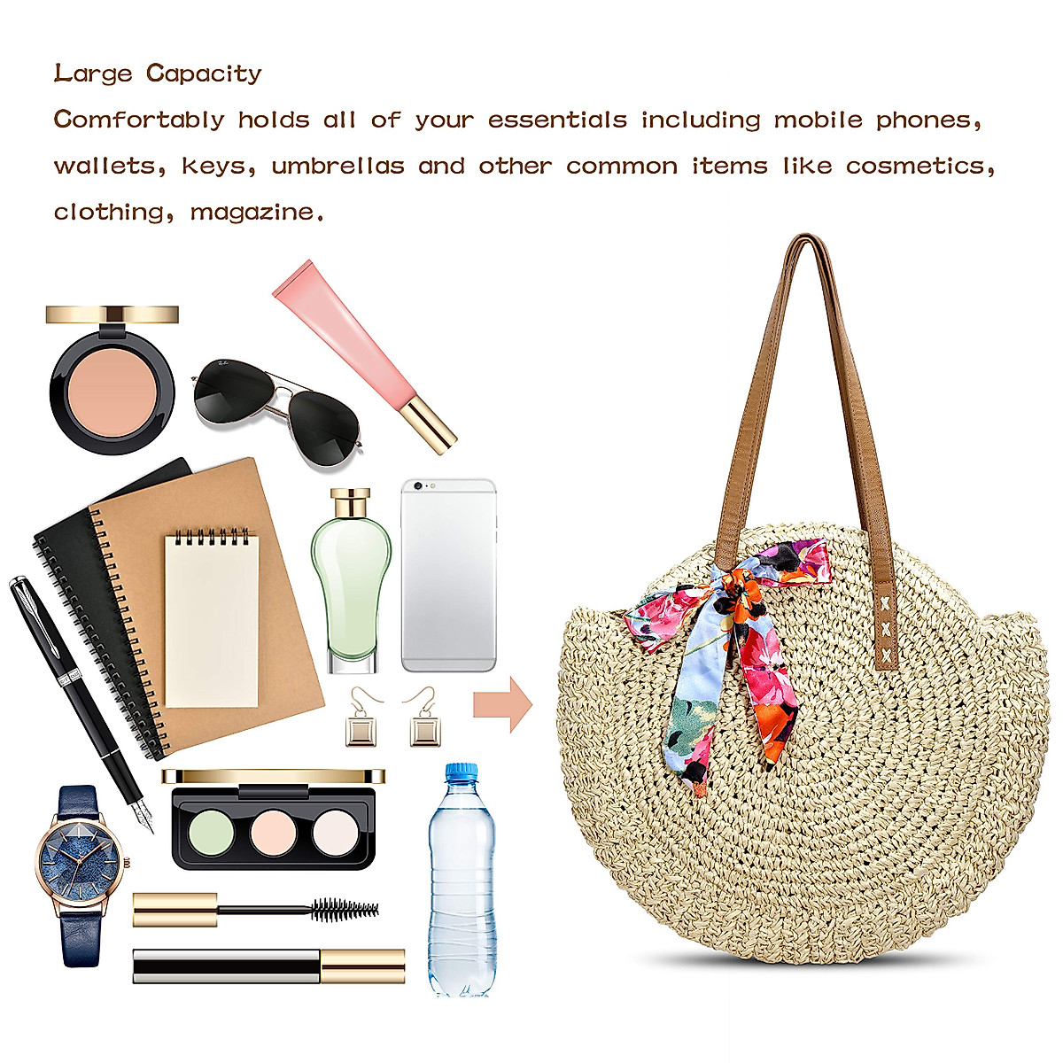 Straw Bag Round Summer Bag Large Woven Beach Bag Purse Shoulder Bag for Women Vacation Tote Handbags