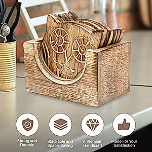 Drink coasters set of 6 with holder – Handmade Wooden coasters for Coffee, Tea, Mugs, Cups, Wine Glasses – Housewarming gift - Premium quality (Owl Design)