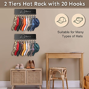 FANGSUN Hat Rack for Wall, Wooden Baseball Cap Organizer with 20 Hooks, Metal Rustic Hat Pattern Display Rack, Ball Cap Hanger Wall Mounted Hat Storage Holder for Closet Bedroom Entry, Set of 2, Black