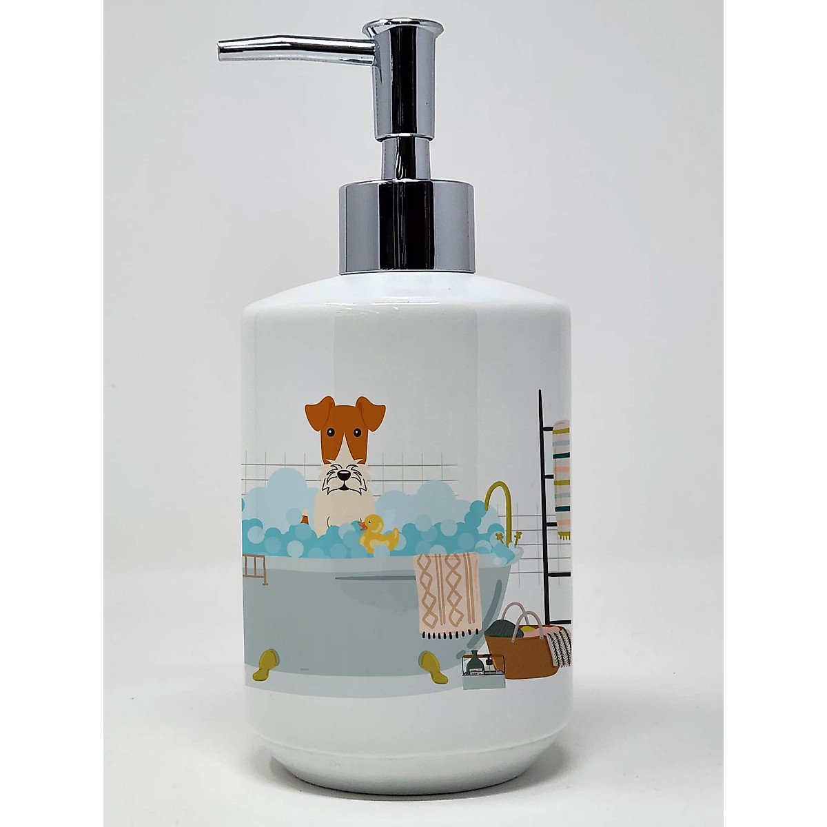 Caroline's Treasures WDK5798SOAP Wire Fox Terrier in Bathtub Ceramic Soap Dispenser Hand Soap Dispenser Pump Bottles for Bathroom Kitchen, Empty Refillable Liquid Soap Container
