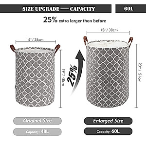 TOTANKI 60L Large Laundry Basket with Durable Leather Handle, Thickened Drawstring Round Collapsible Laundry Hamper, Dirty Clothes Storage Basket for Bedroom, Bathroom, College Dorm (Grey, L)
