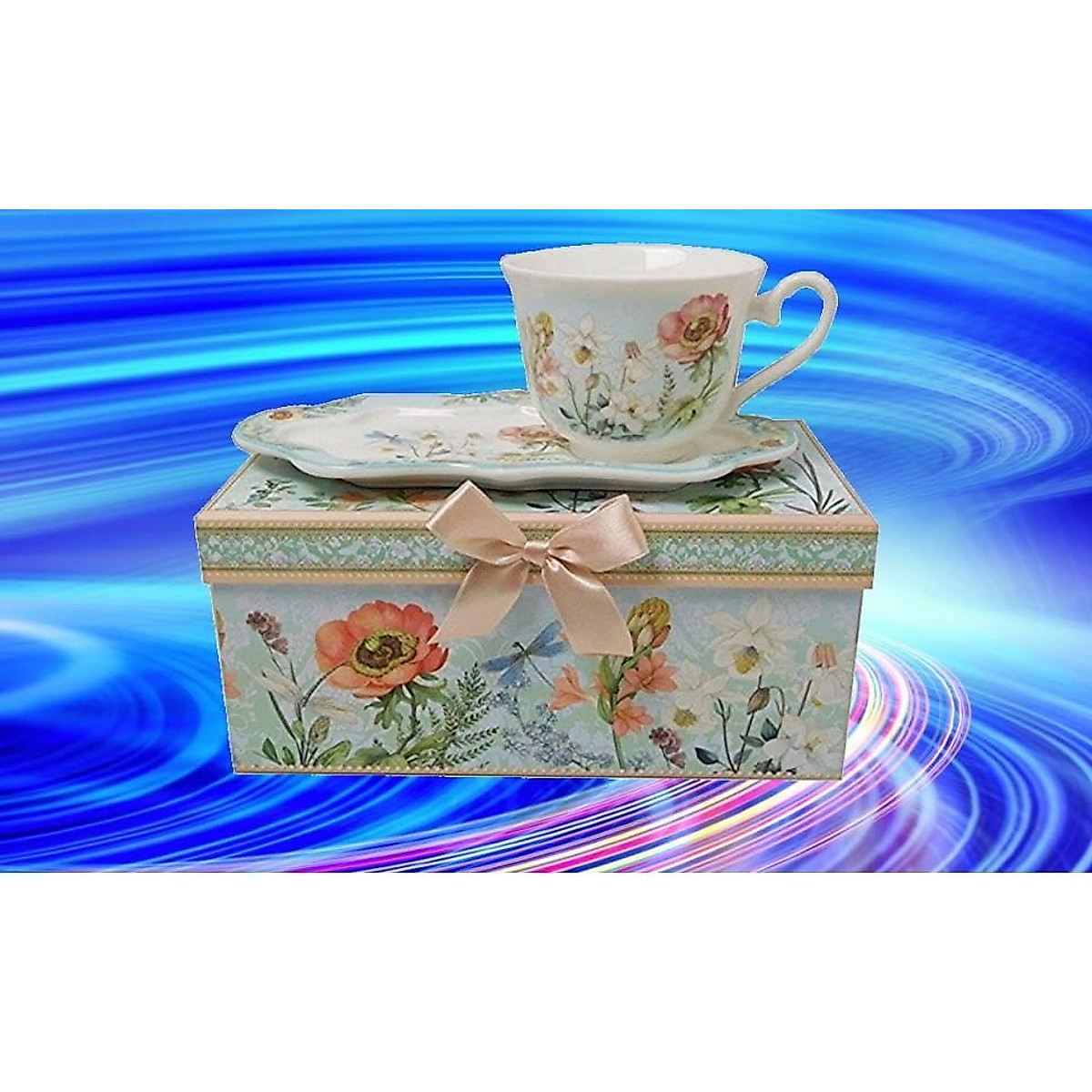 Lightahead® New Bone China Unique Tea Coffee Cup 10 oz and Snack Saucer Set in a Reusable Handmade Gift Box with Ribbon elegant floral design in attractive gift box