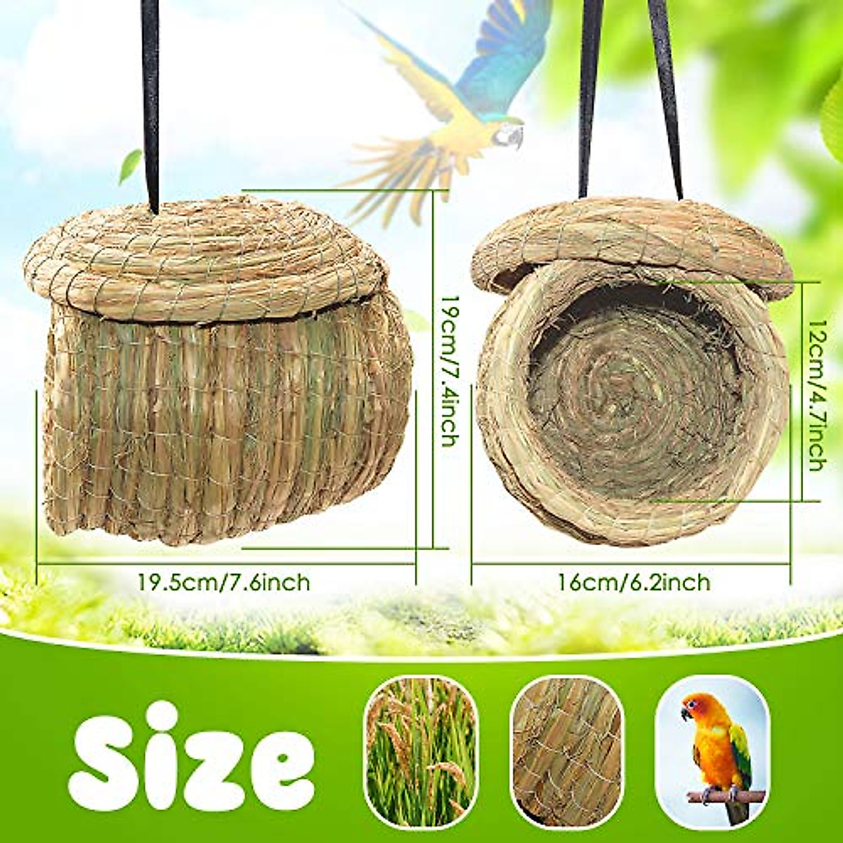 BWOGUE Straw Bird Nest Eco-Friendly Straw Birdhouse 100% Natural Fiber Bird Nest Hut Cozy Resting Breeding Place for Parrots Parakeet Conures Cockatiel,Large
