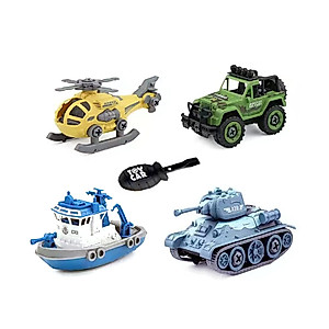 KAMINRUN Take Apart Truck Toys ，4 Pack Friction Powered Cars Construction Vehicles Toy Set Drilling Rig, Loader, Excavator, Road Roller for Year Old Boy Girl Kid Gift