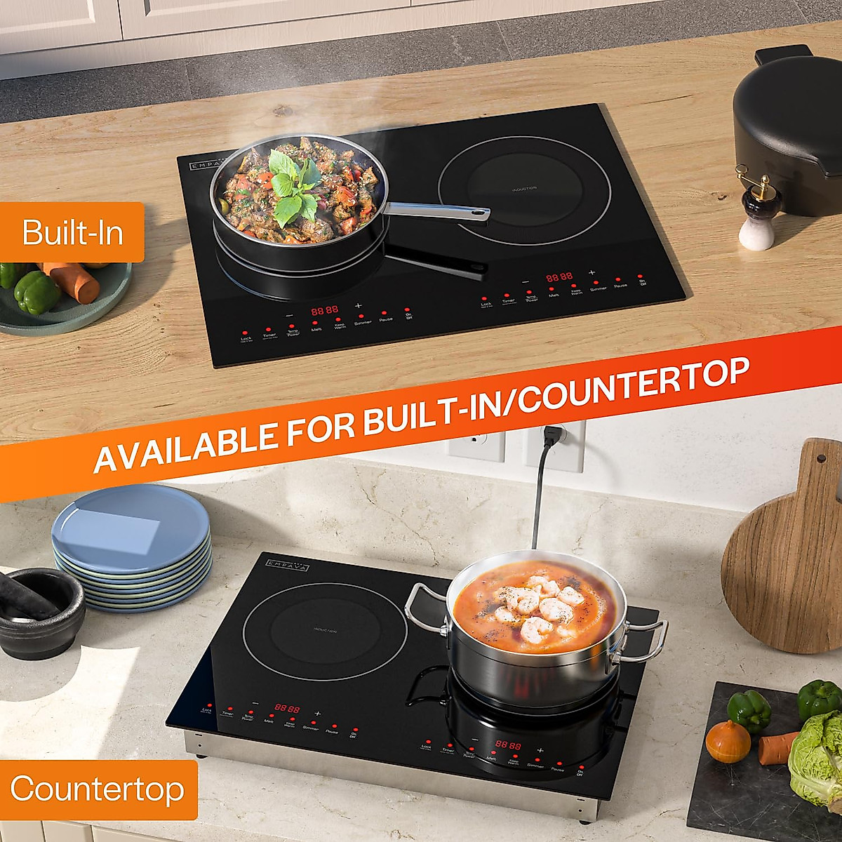Empava Double/Dual Induction Cooktop 2 Burner, Shatter-proof Flat Glass Top, 18 Levels from 120°F to 460°F, 3 Preset Mode, Bulit-in/Countertop, 110~120 Volt Plug in Electric Stove for Kitchen, RV