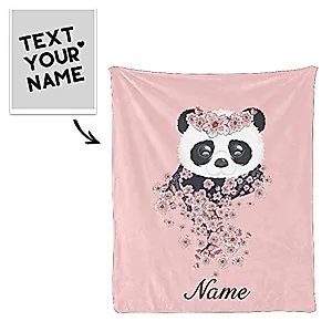 CUXWEOT Custom Blanket with Name Text Personalized Cherry Blossom Panda Soft Fleece Throw Blanket for Gifts (50 X 60 inches)