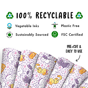 CENTRAL 23 - Birthday Wrapping Paper - Purple Gift Wrap Sheets - Cats and Hearts - 6 GiftWrap Sheets for Women Girls Female Teenage Kids