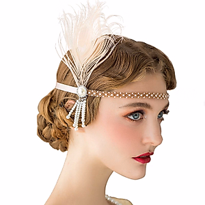 SWEETV 1920s Headpiece Flapper Headband, Pearl Peacock Feather Hair Band, Great Gatsby Accessoreis for Women, Blush Pink