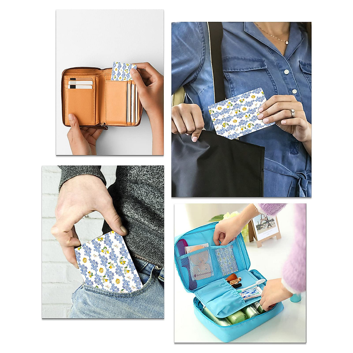 Carosoffe Summer Lemon Small Compact Mirror for Purse, Blue Leaves Flower Botanical Travel Makeup Mirror for Women Men, Rectangular Handheld Compact Pocket Mirror 4 PCS